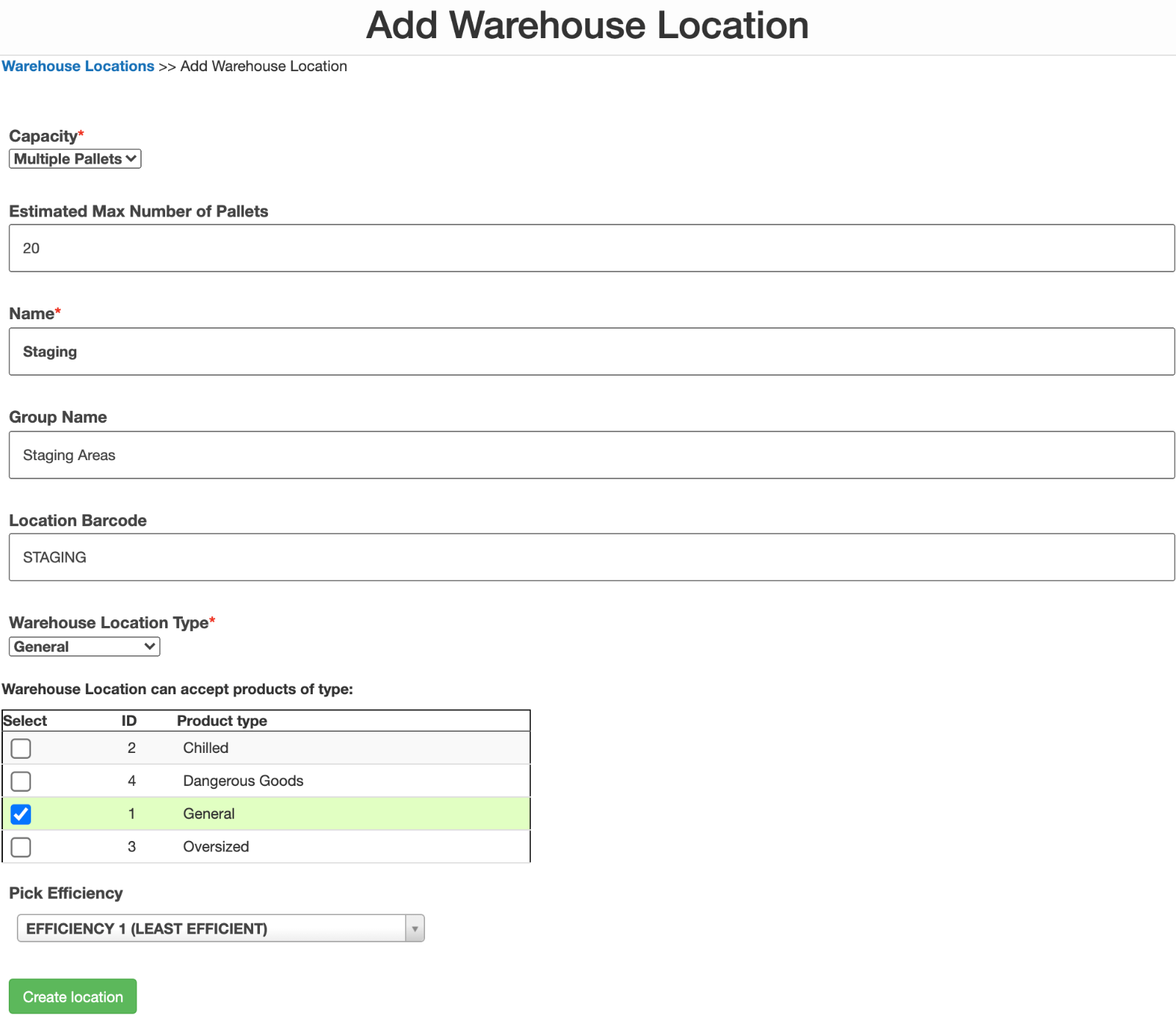 Setting up Warehouse Locations