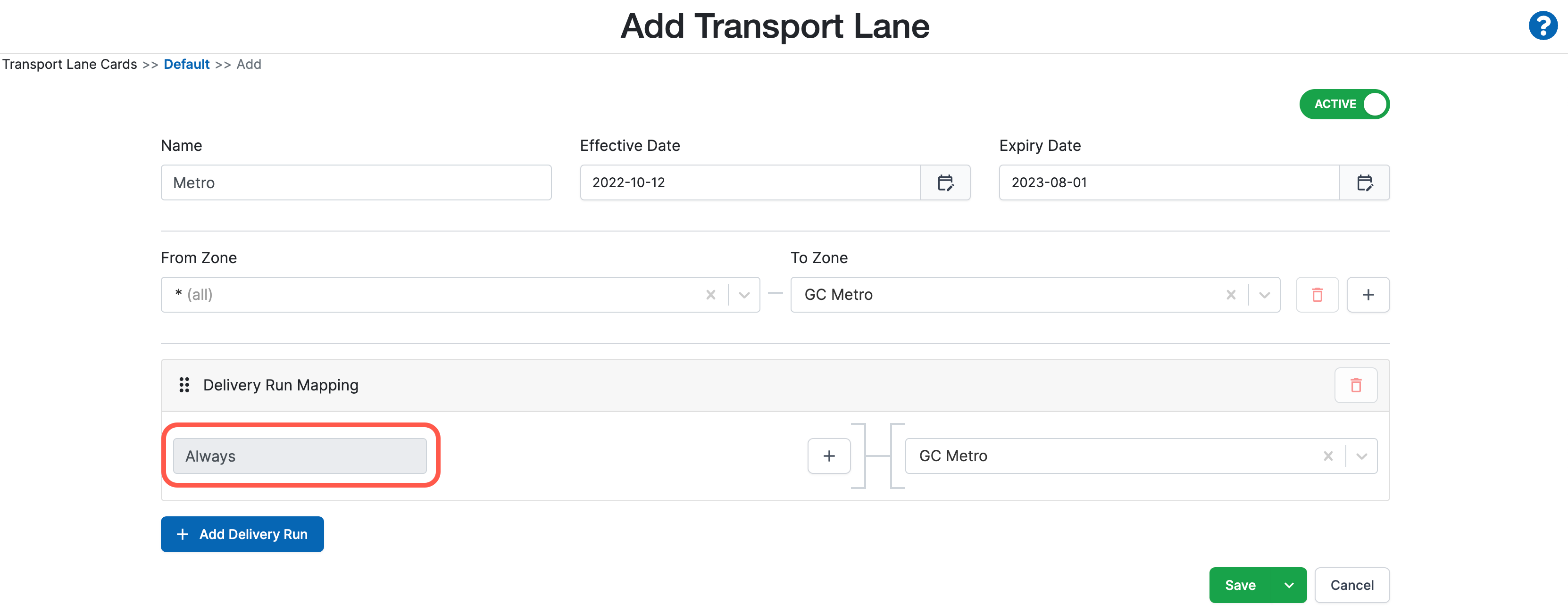 Setting up Transport Lanes