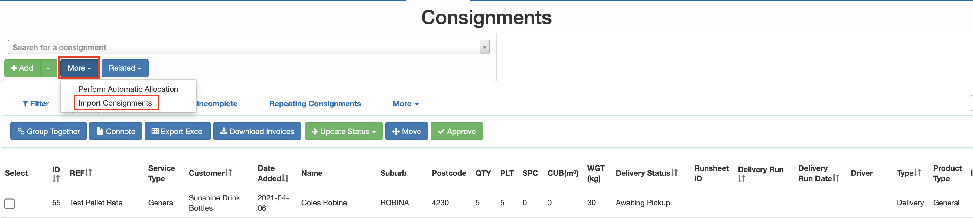 Importing Consignments