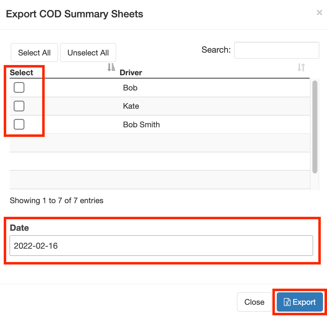 Export Cash On Delivery Summary Sheet