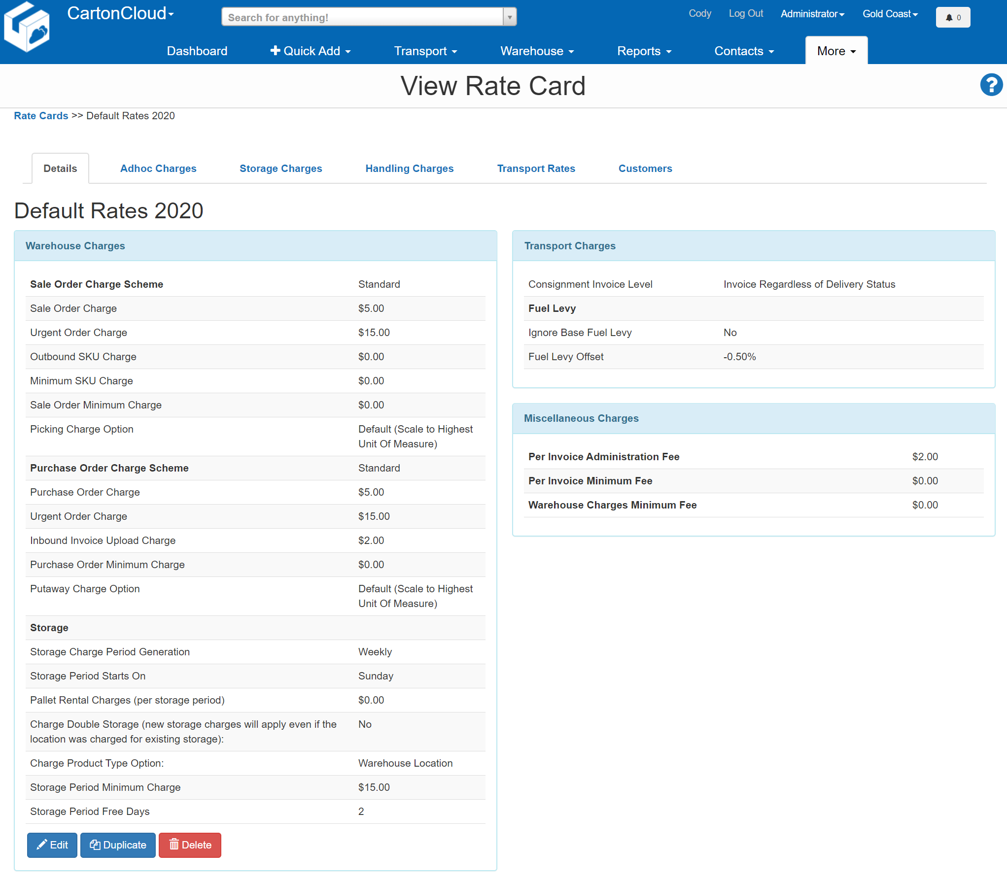 View Rate Card - Details