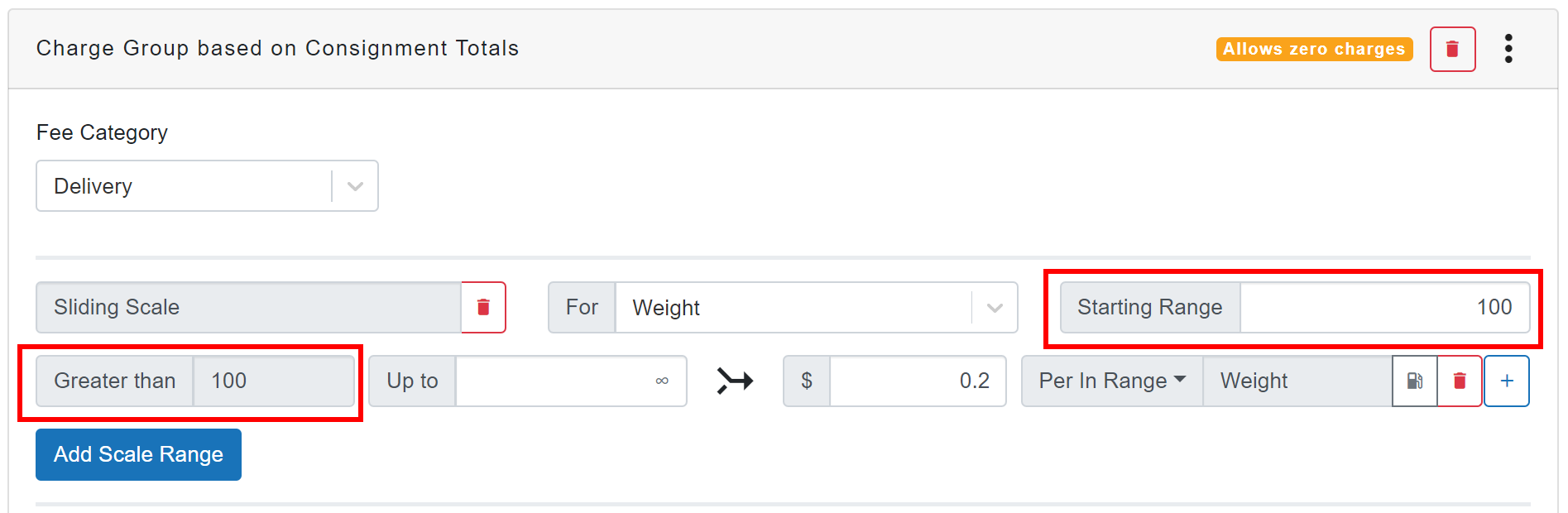 Creating Sliding Scale charges with a set starting range
