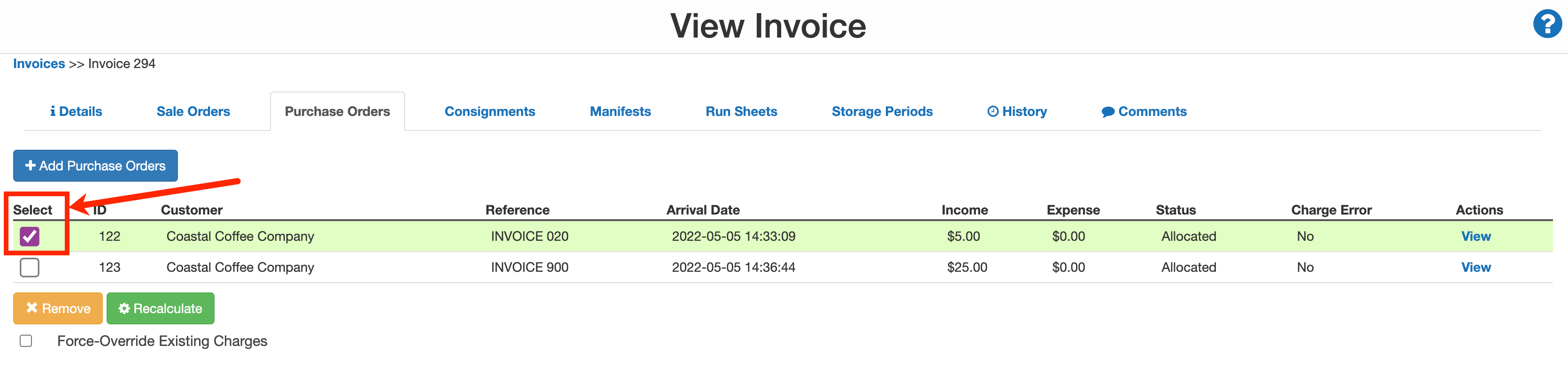 How to move Purchase Orders/Sale Orders/Consignments to a different invoice