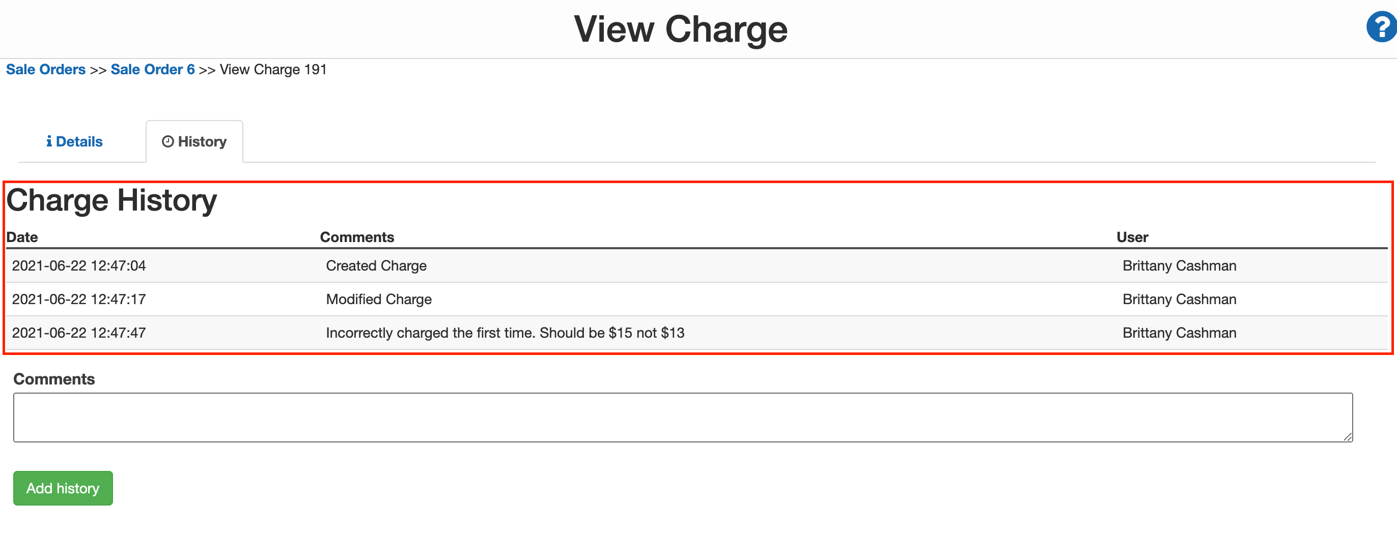 How to check the charge history for an individual charge