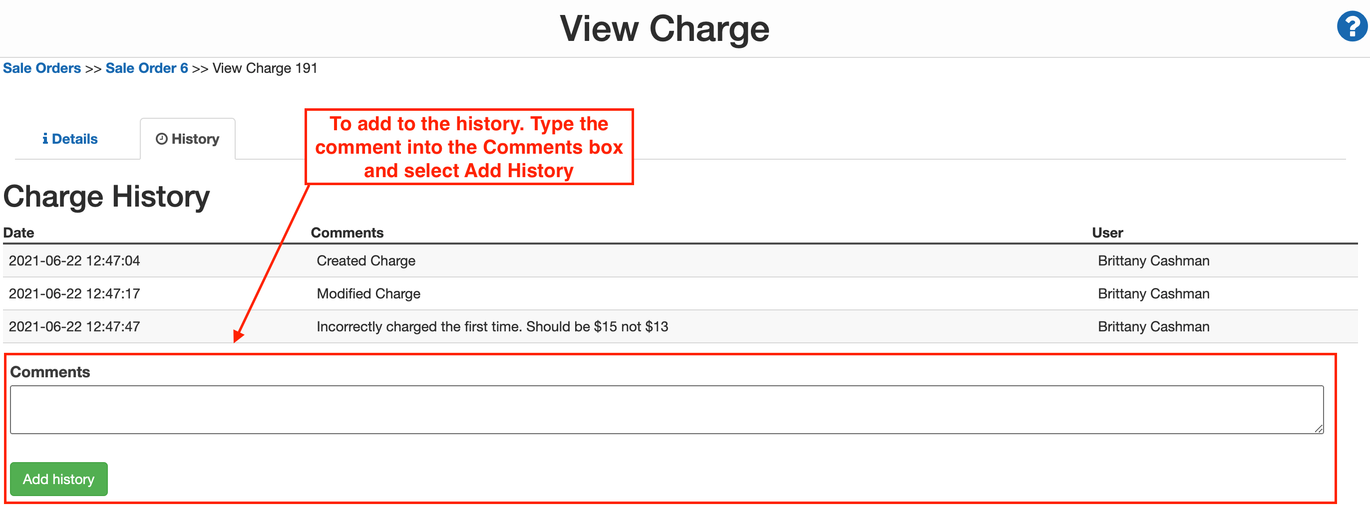 How to check the charge history for an individual charge