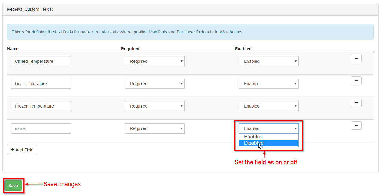 Organisation Settings - Receival Fields