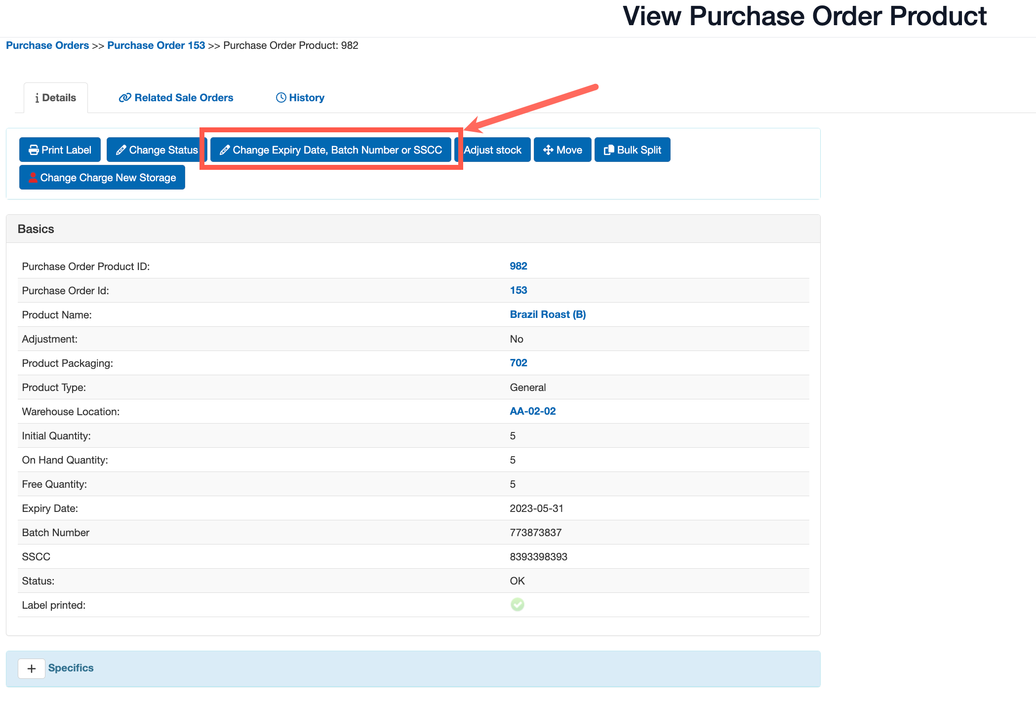 Updating the expiry date and custom fields on stock