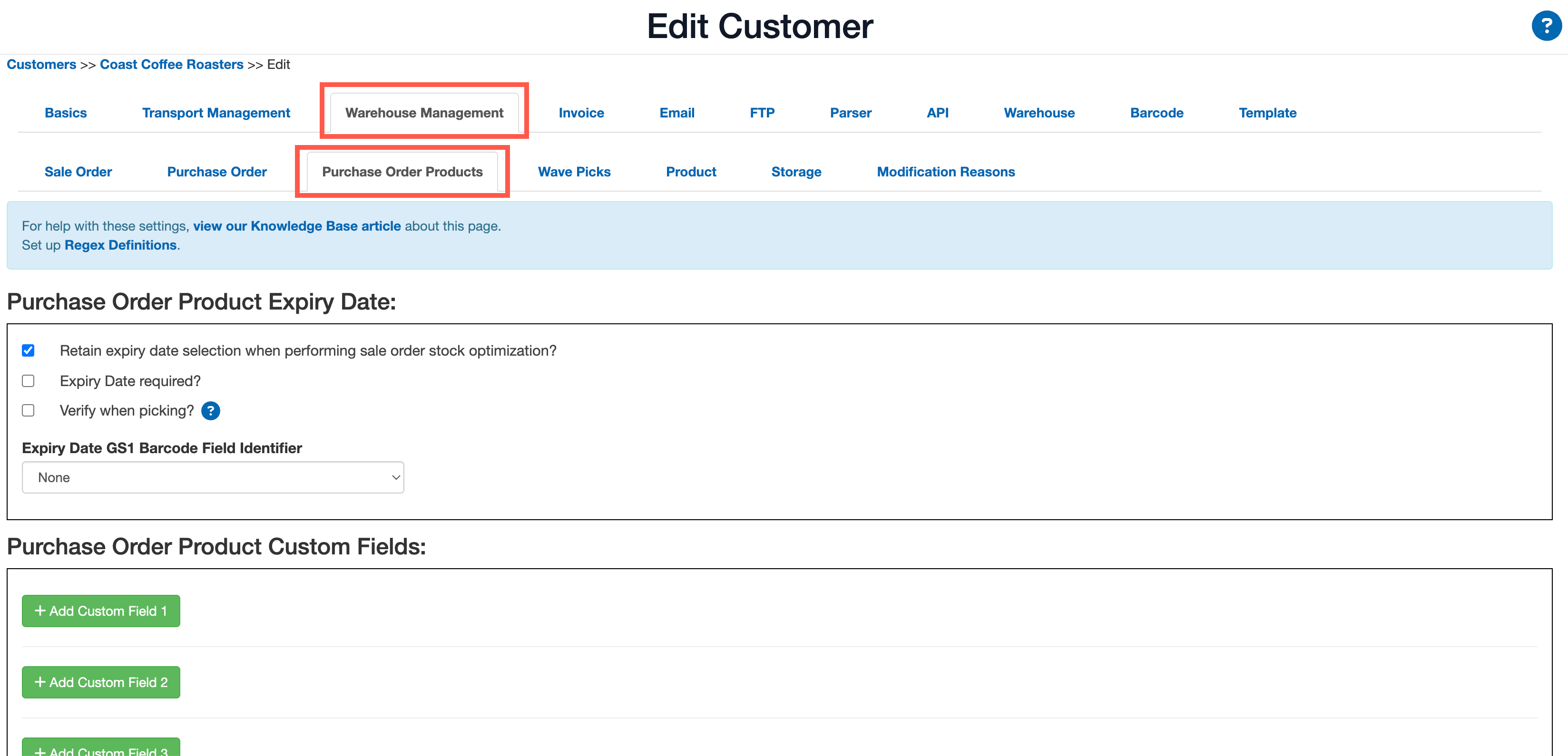 Setting up Custom Fields for Purchase Order Products