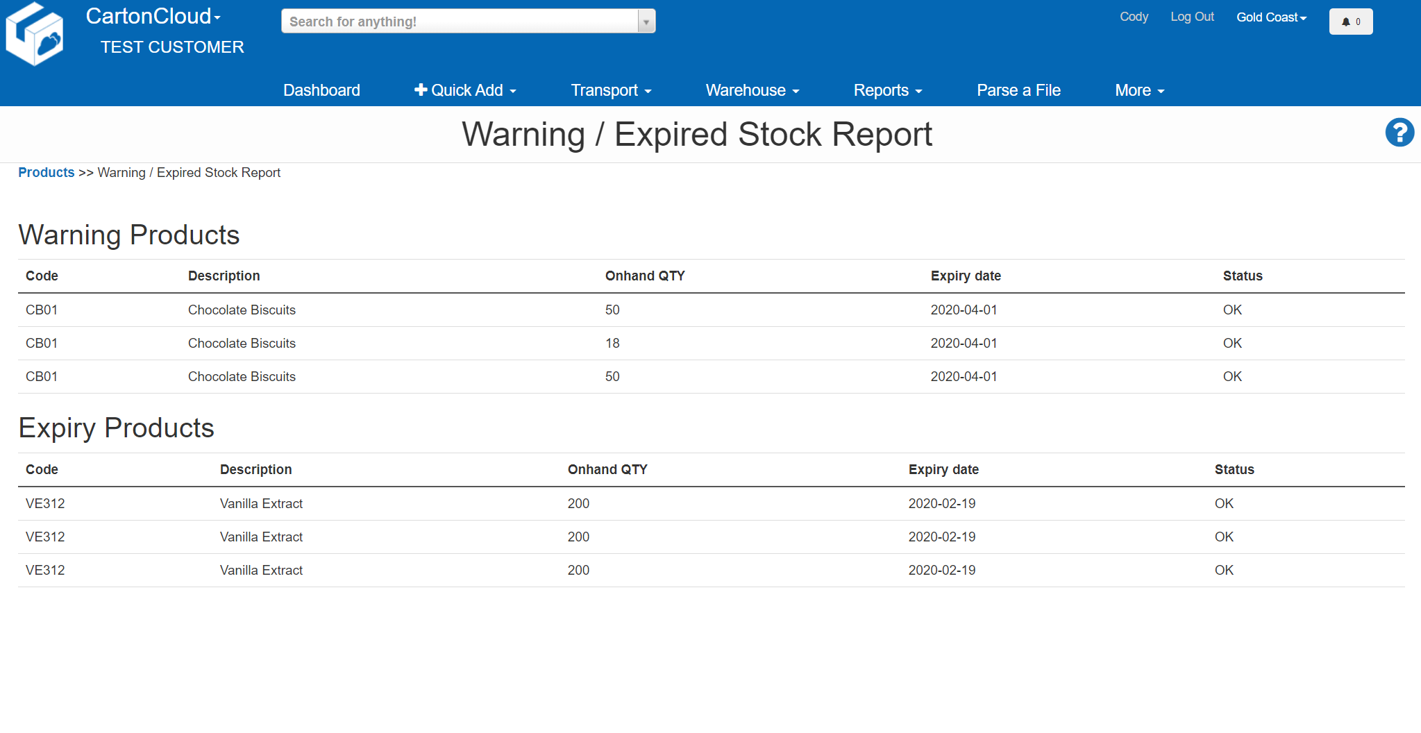 Warning / Expiry Stock Report (Customer)