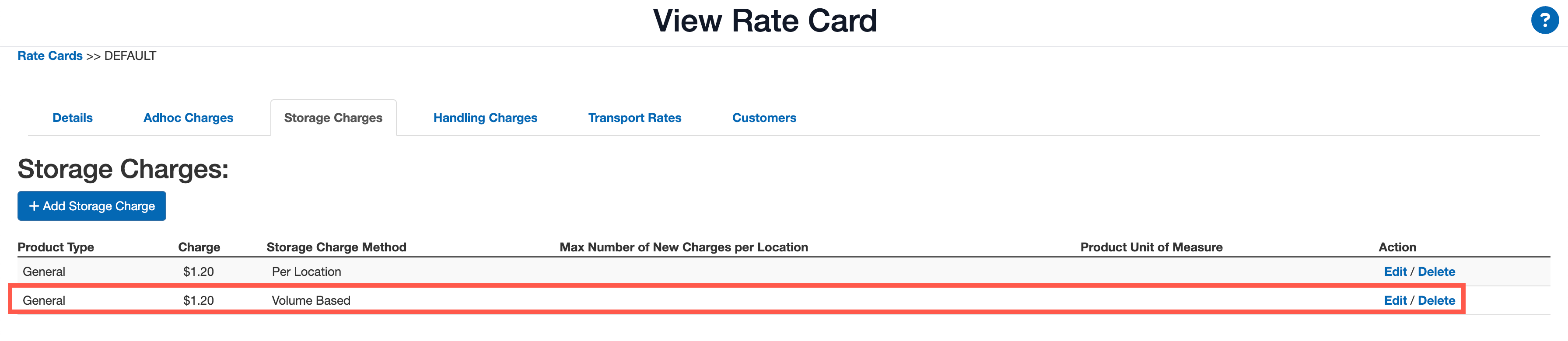 View Rate Card - Storage Charges