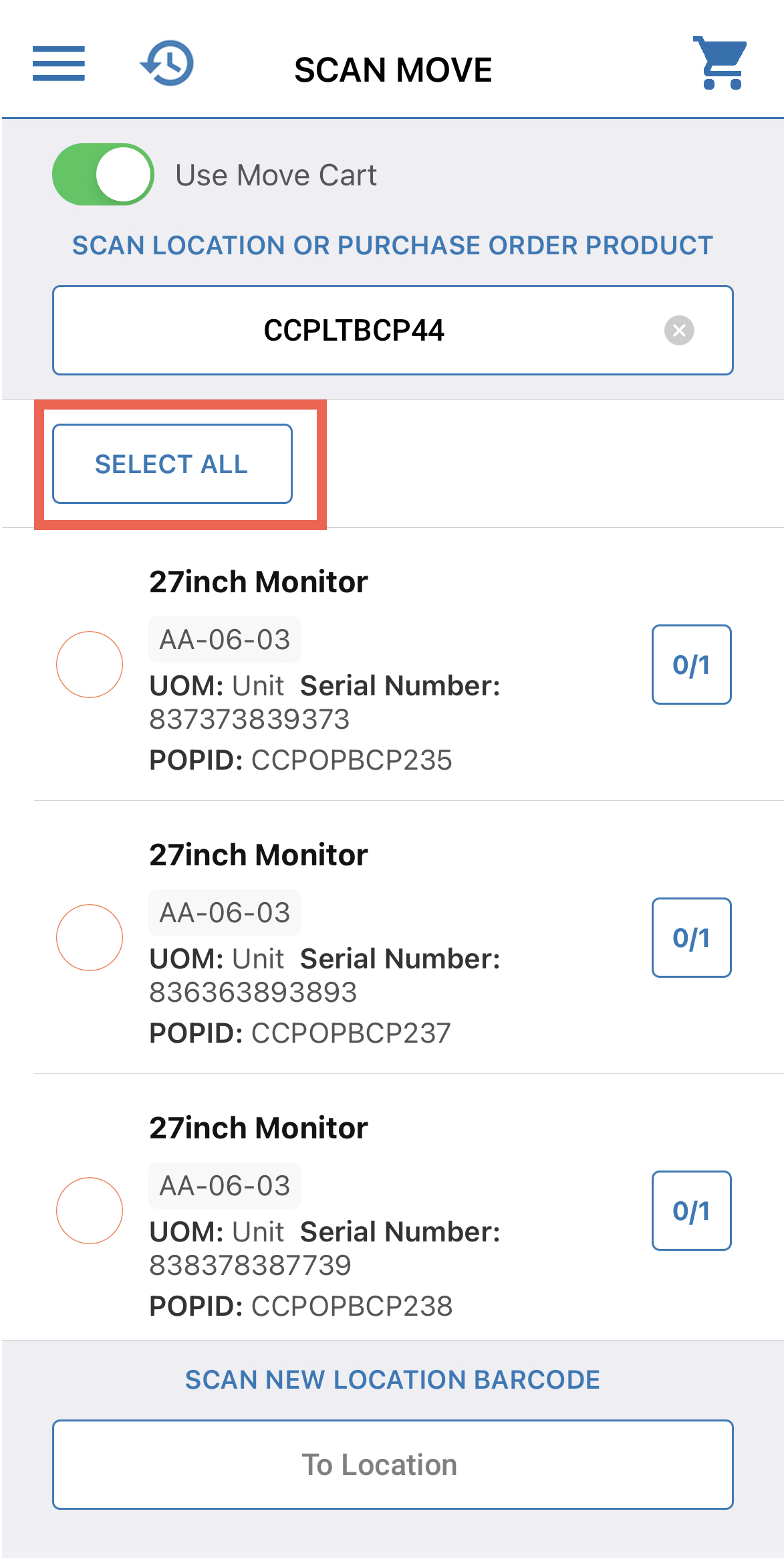 Using pallet labels to move stock via Scan Move