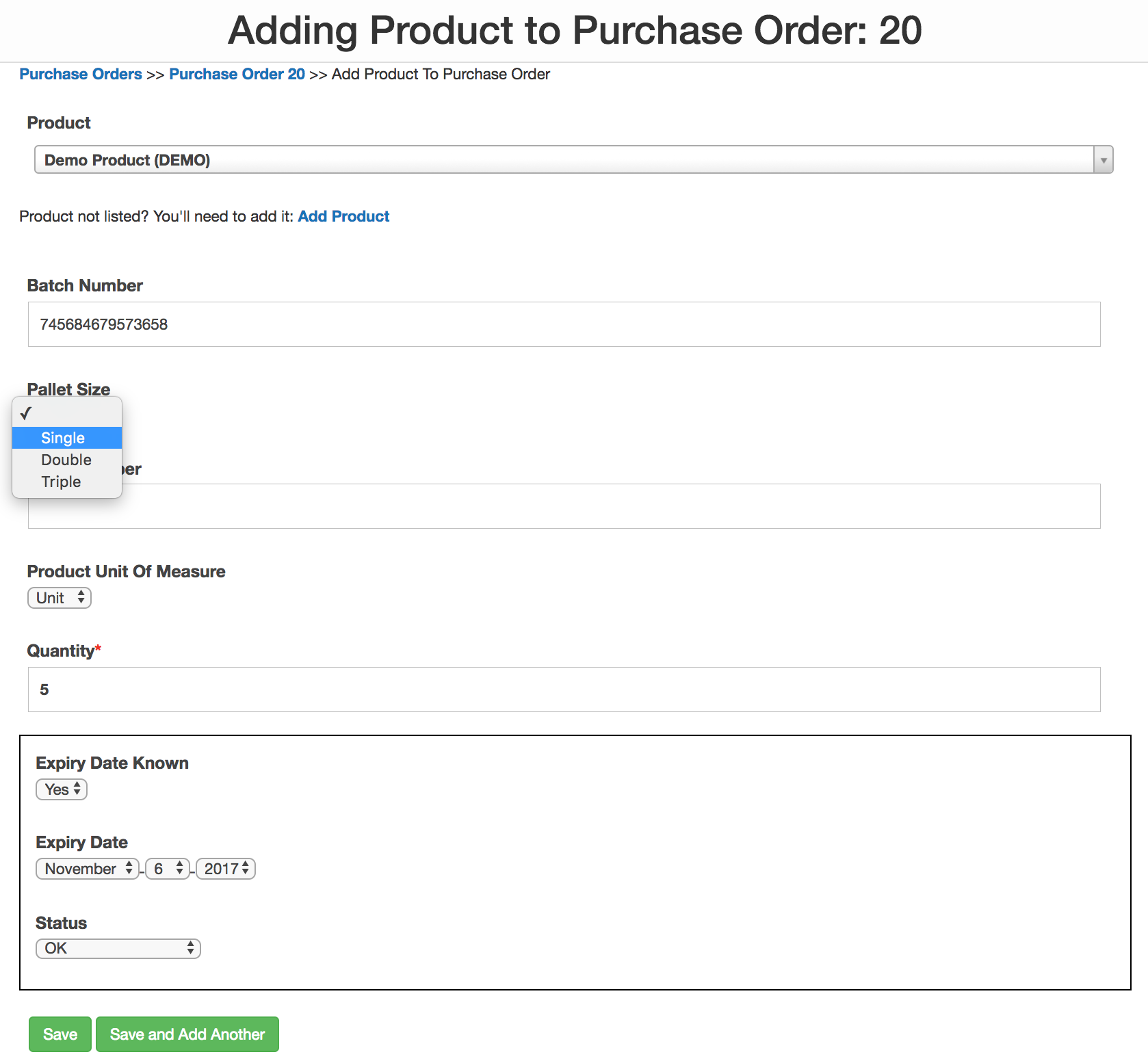Customer Settings - Warehouse Management (Purchase Order Products)