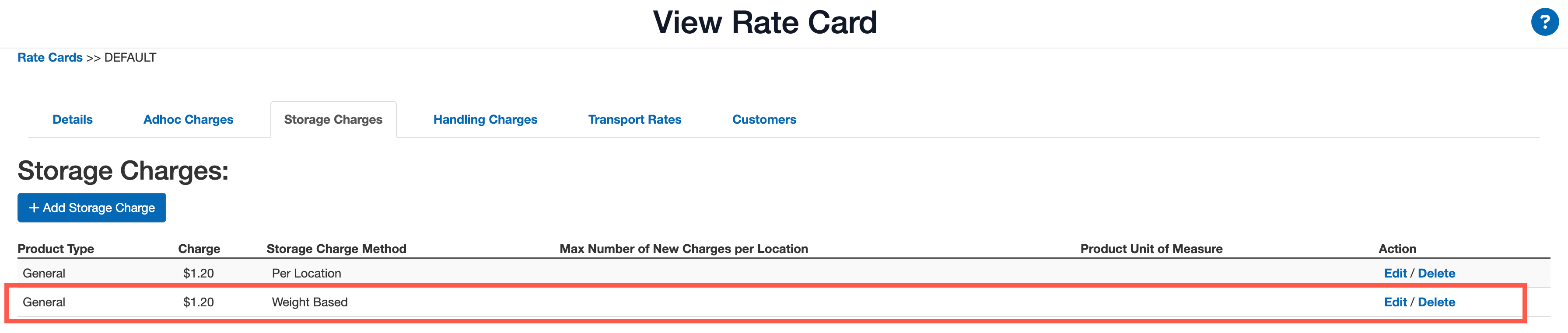 View Rate Card - Storage Charges