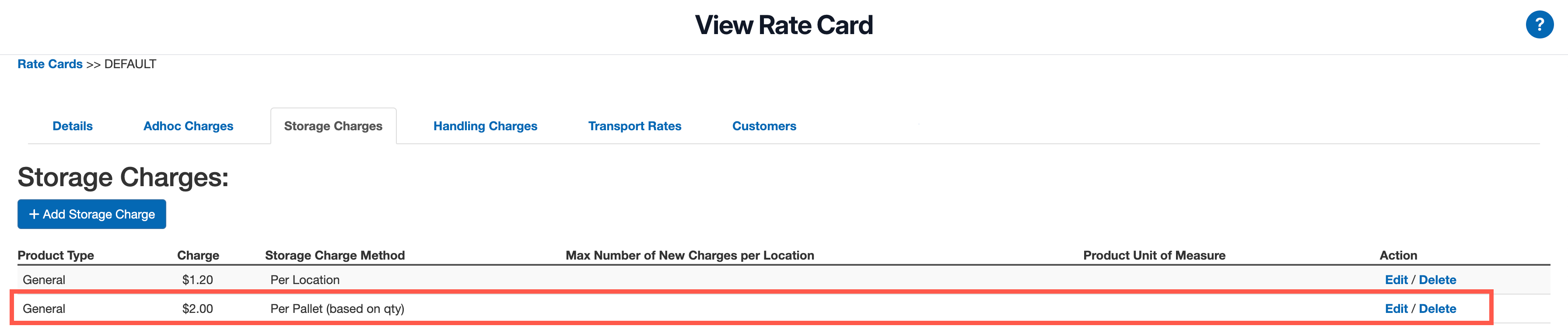 View Rate Card - Storage Charges
