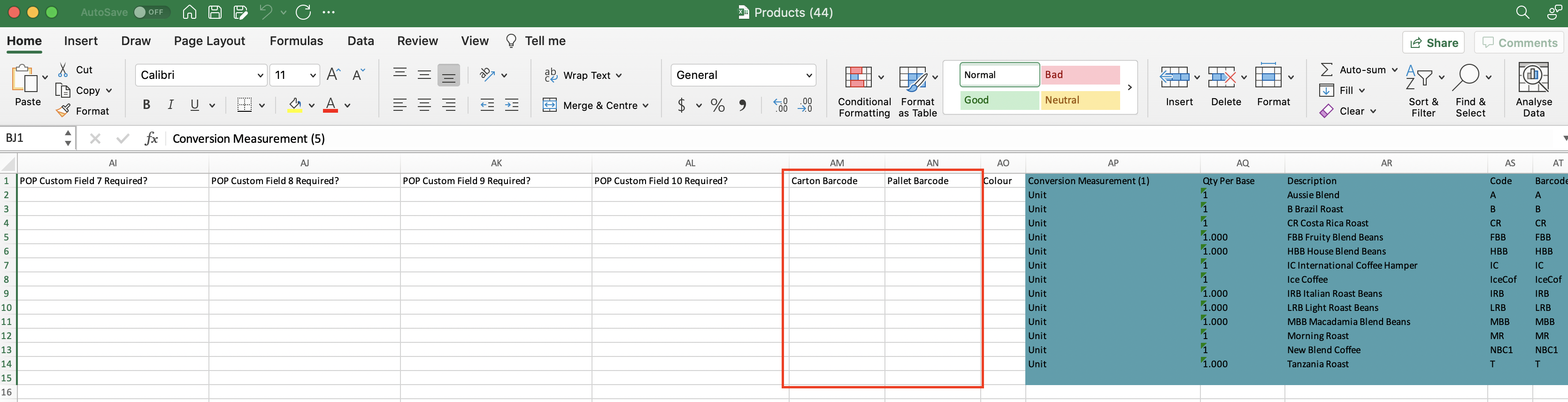 Adding unit of measure barcodes on a Purchase Order Product (POP) Label
