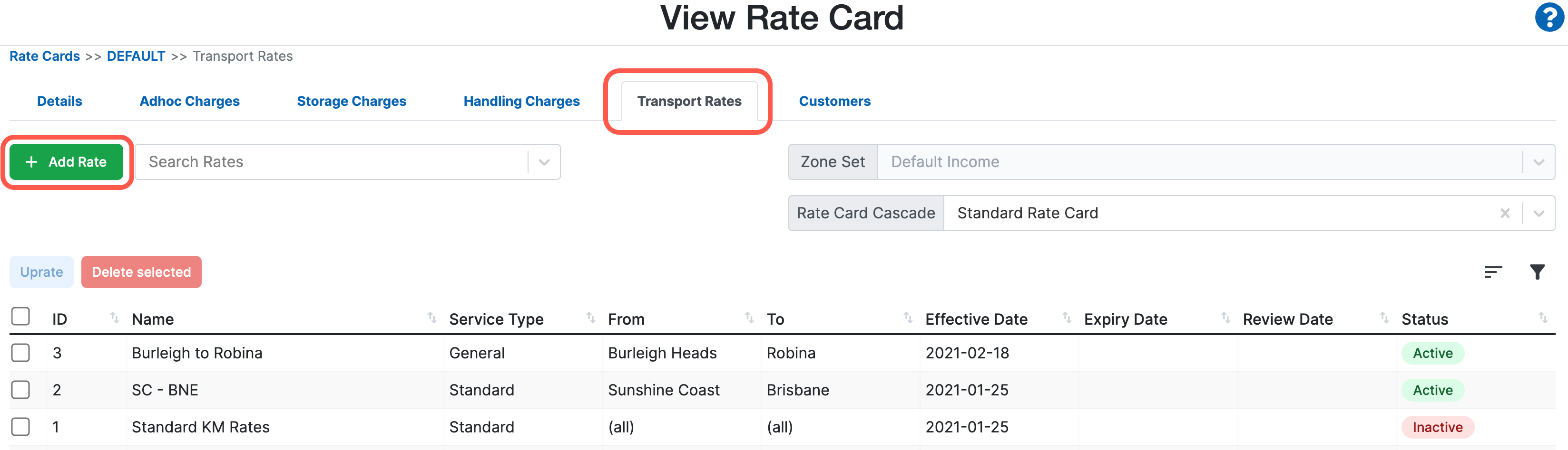 View Rate Card - Transport Rates