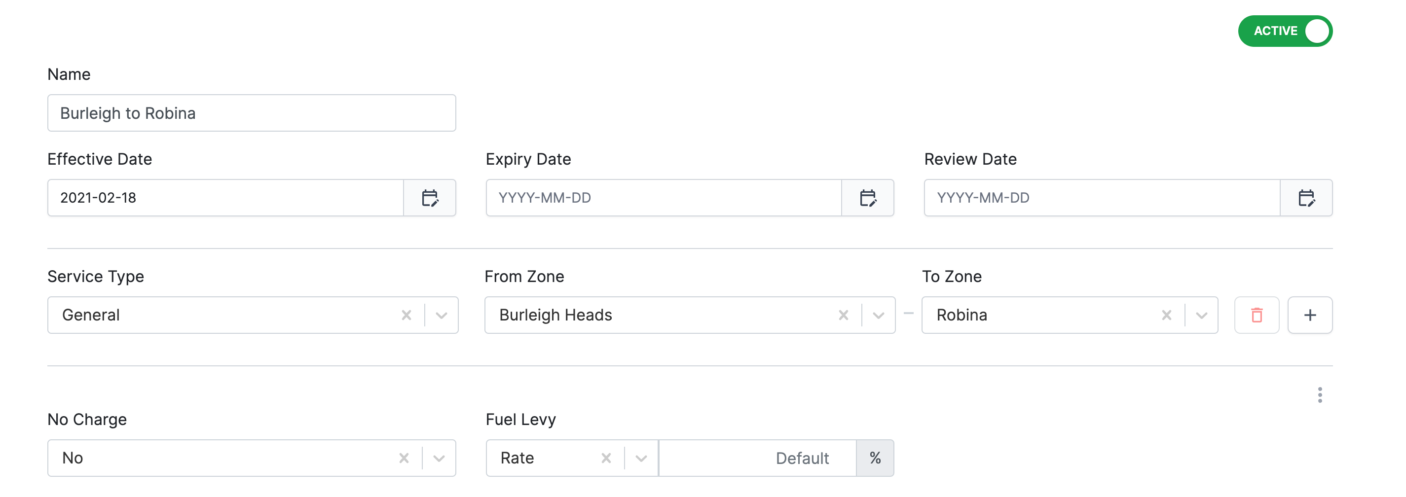 View Rate Card - Transport Rates