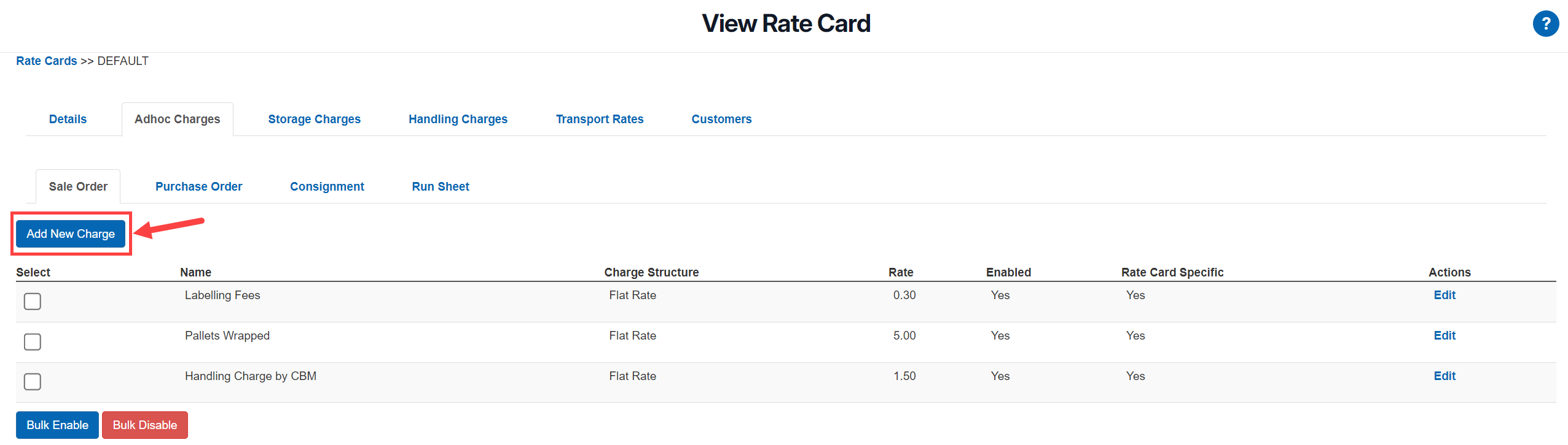 View Rate Card - Adhoc Charges