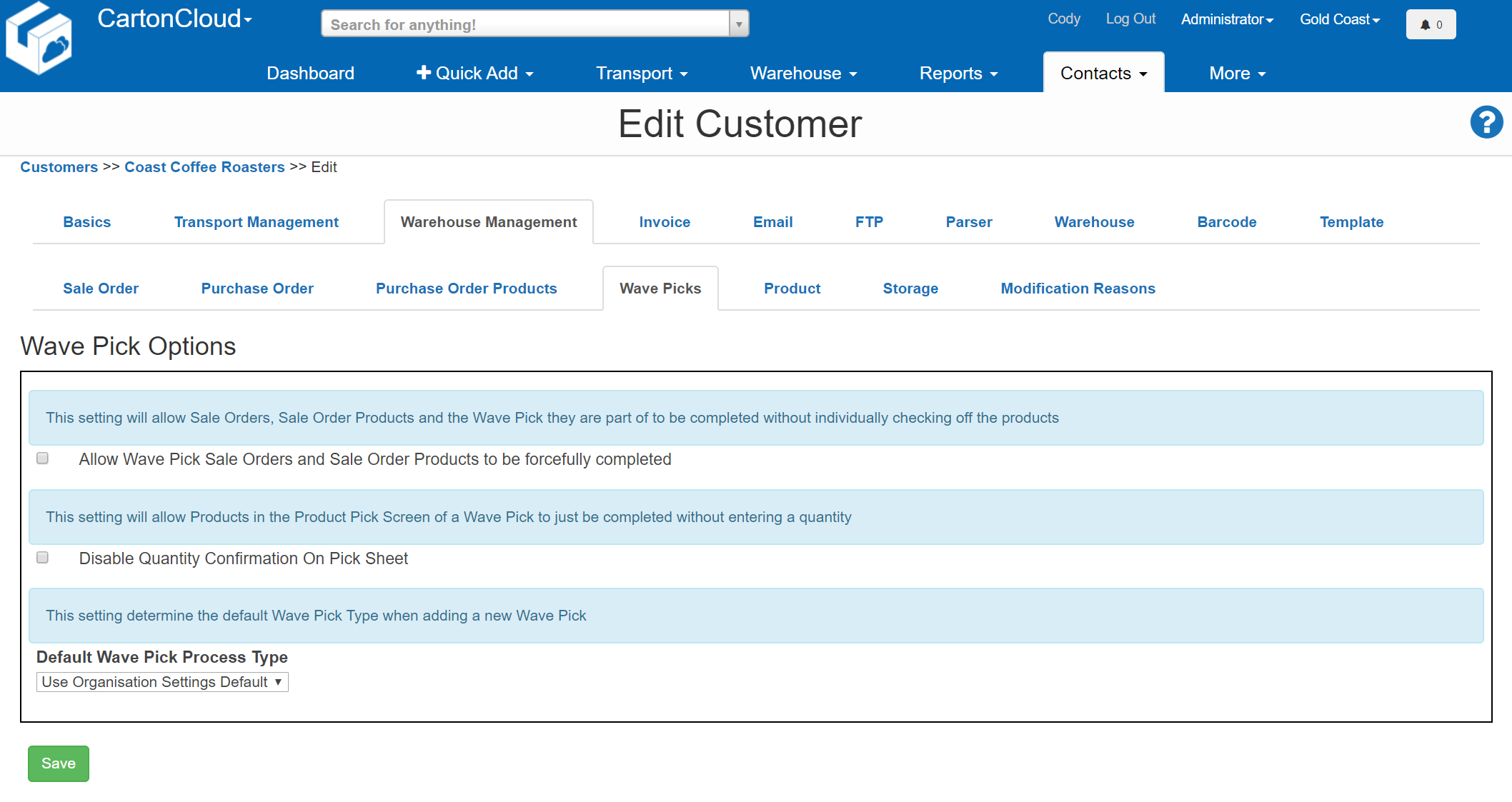 Customer Settings - Warehouse Management (Wave Picks tab)