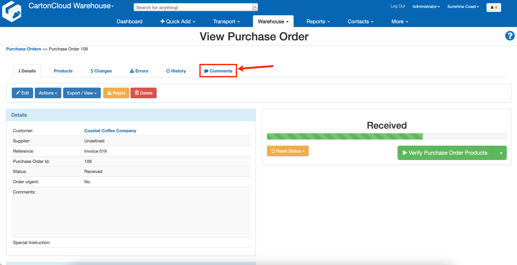 Adding a comment to a Purchase Order