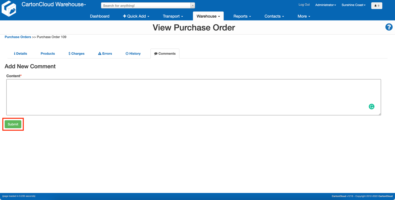 Adding a comment to a Purchase Order