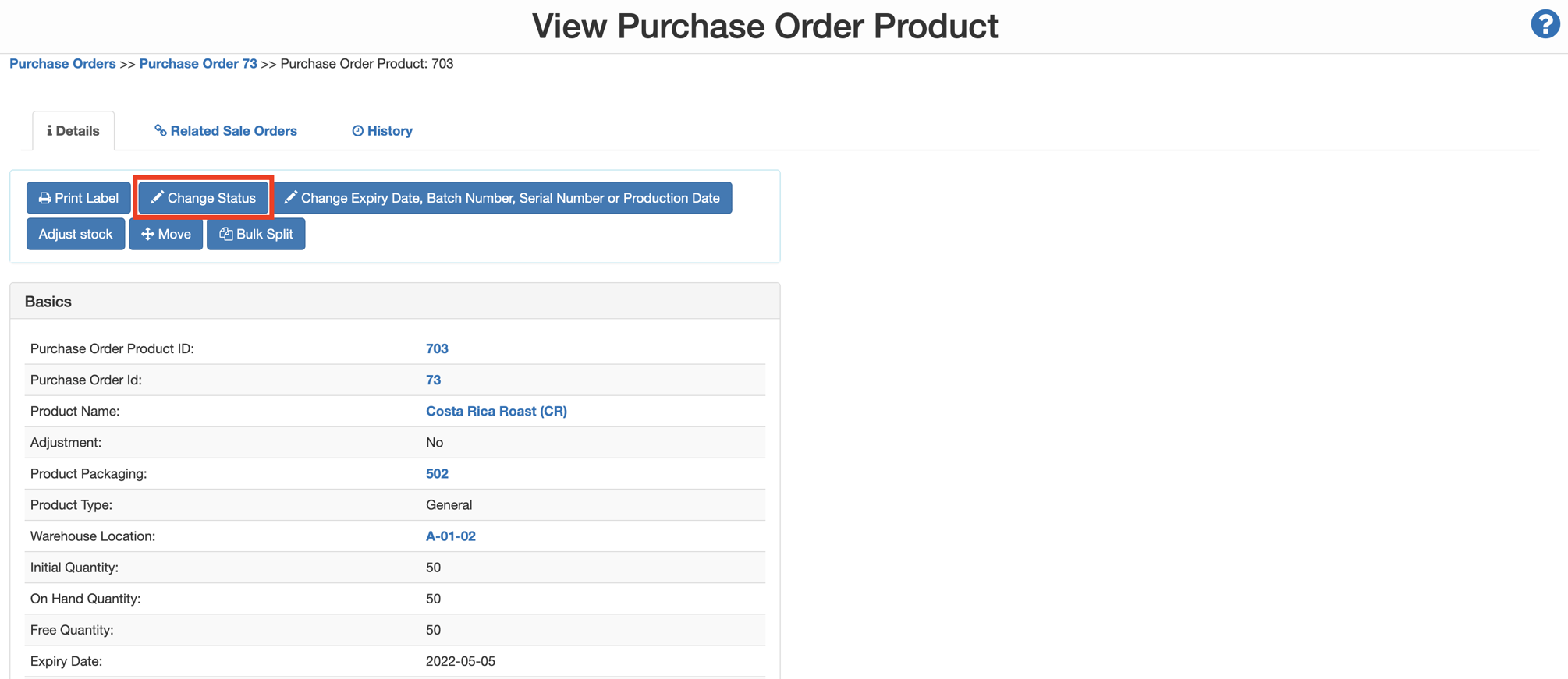 How to change the status of a Purchase Order Product (Stock)