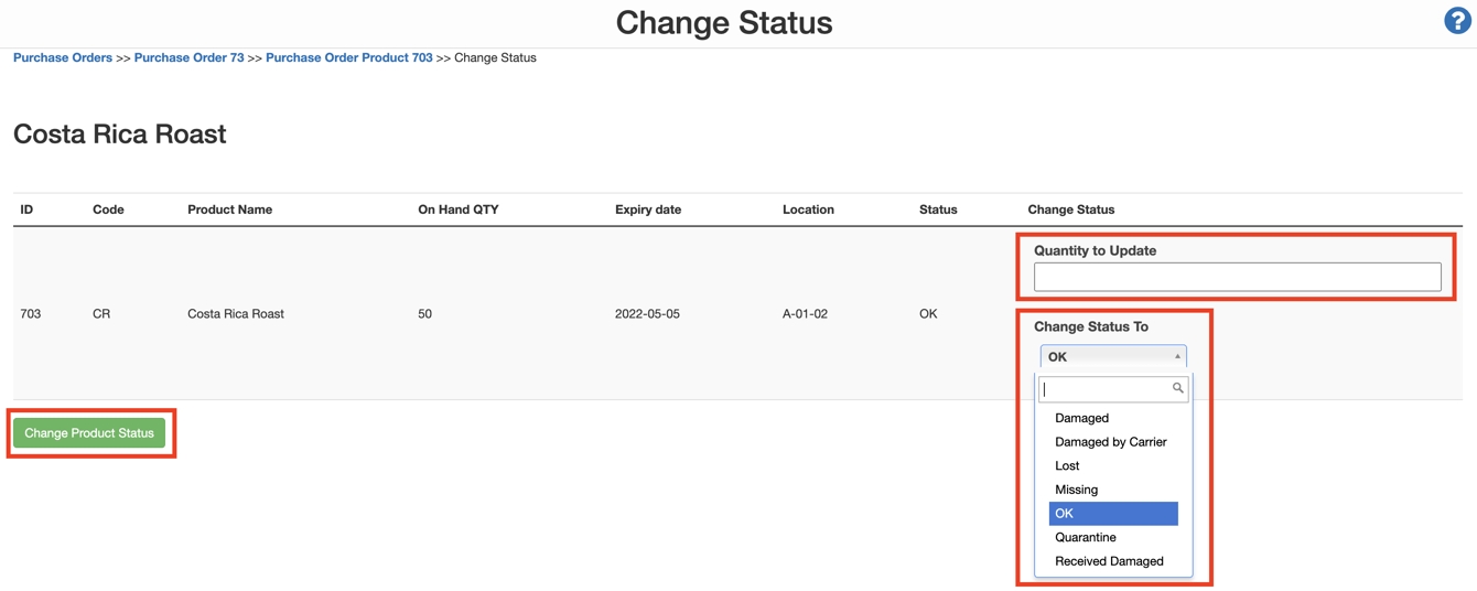 How to change the status of a Purchase Order Product (Stock)
