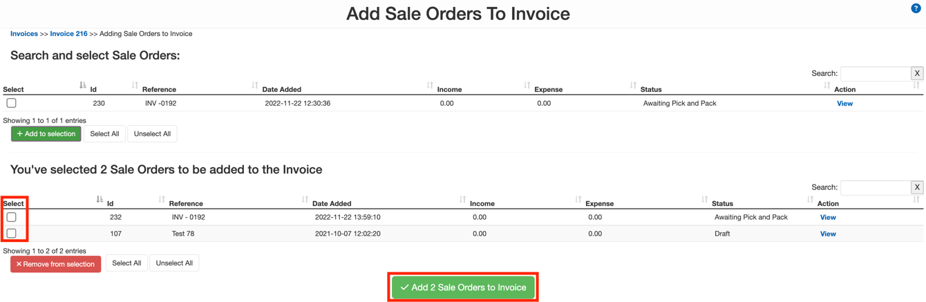 Manually adding orders to an Invoice